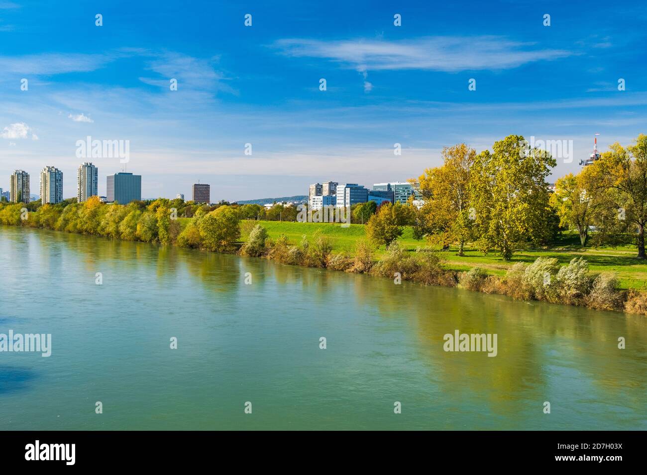 Croatia, city of Zagreb, Sava river and modern towers skyline in autumn ...