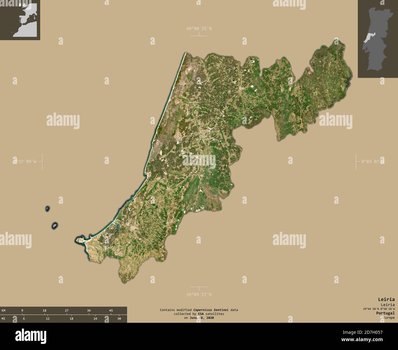 Leiria, district of Portugal. Sentinel-2 satellite imagery. Shape ...