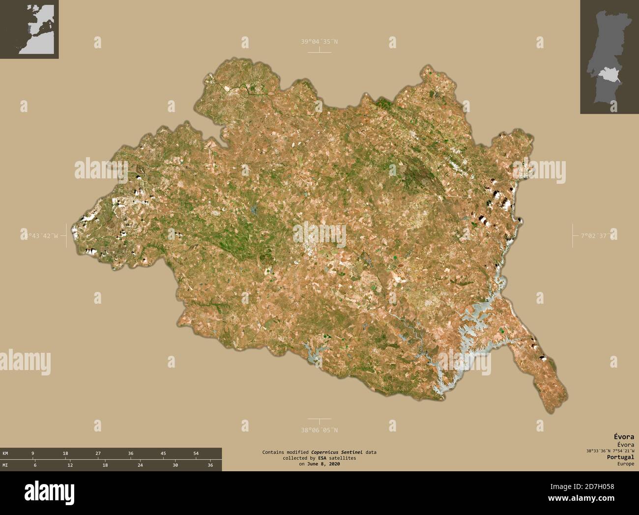 Evora, district of Portugal. Sentinel-2 satellite imagery. Shape ...