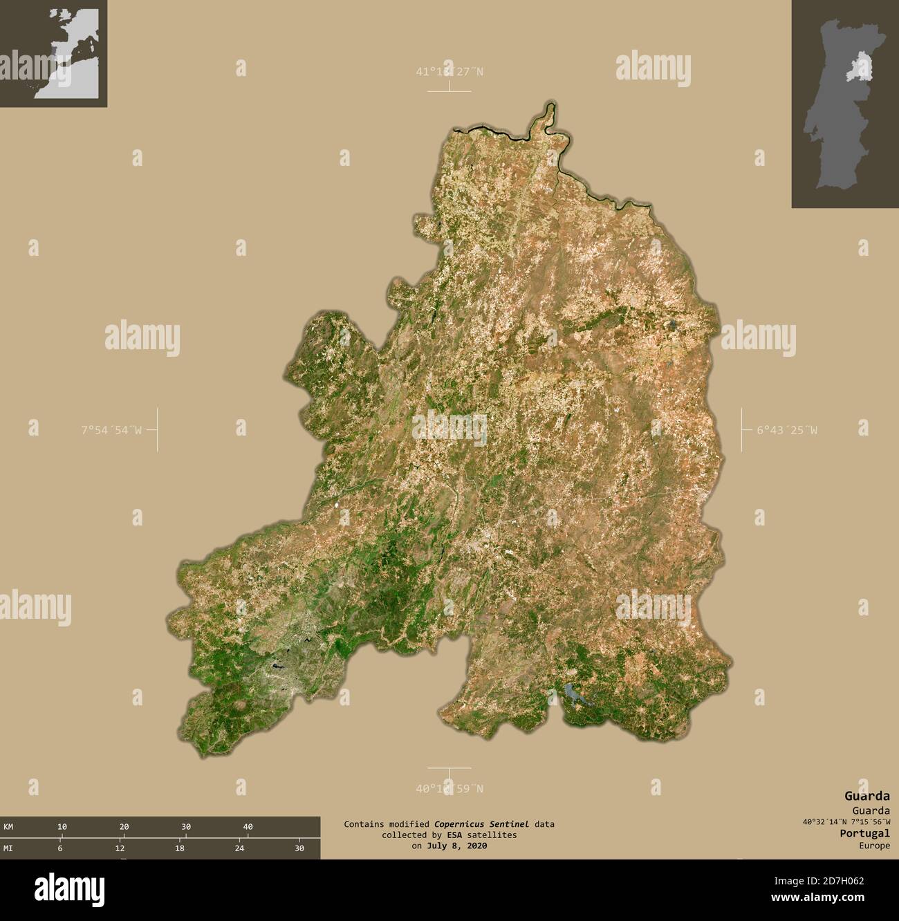 Guarda, district of Portugal. Sentinel-2 satellite imagery. Shape ...
