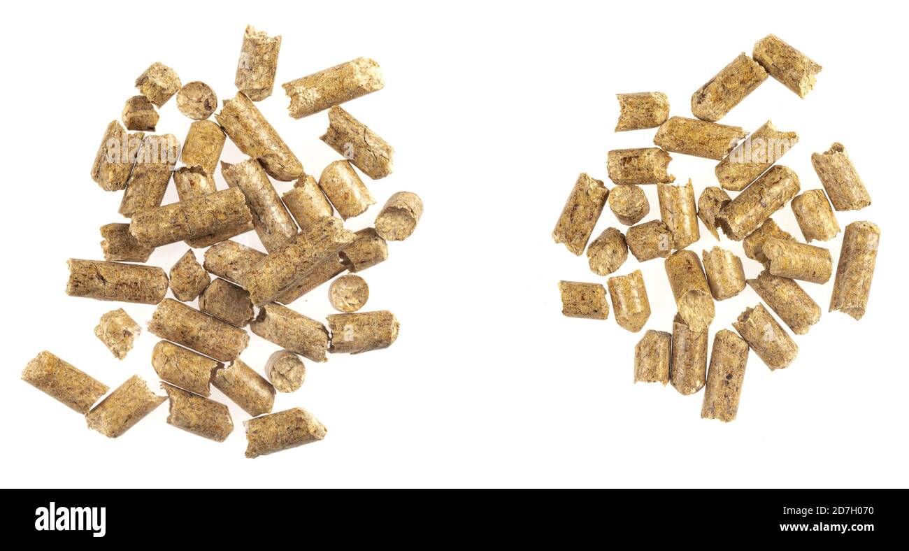 Collage wood pellets isolated white background. natural pile of wood ...