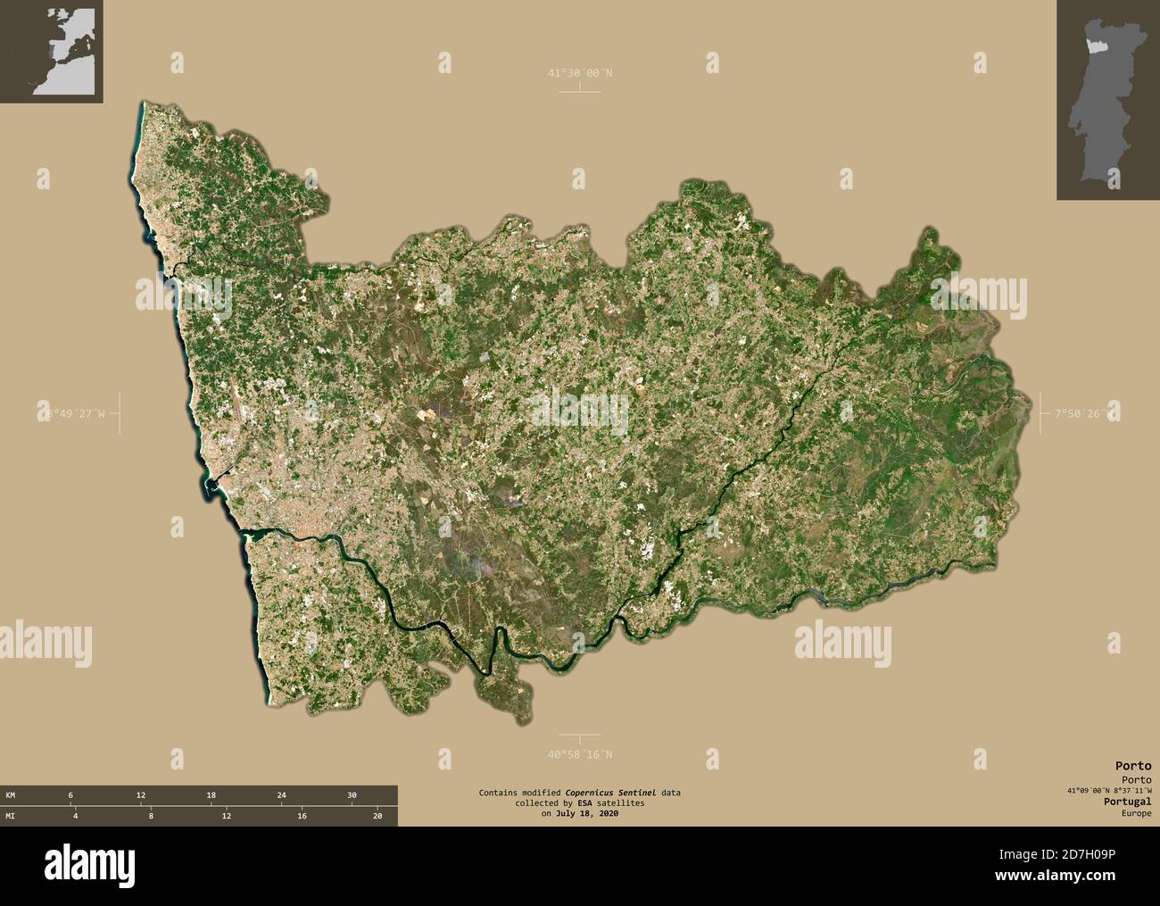 Porto, district of Portugal. Sentinel-2 satellite imagery. Shape ...