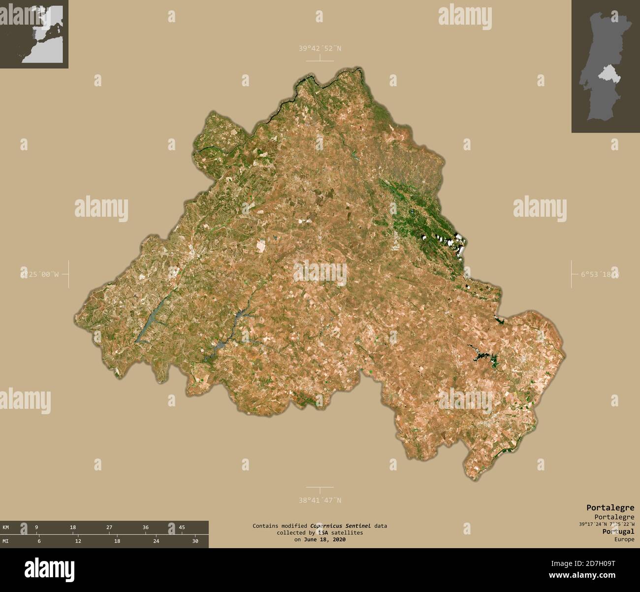 Portalegre, district of Portugal. Sentinel-2 satellite imagery. Shape ...