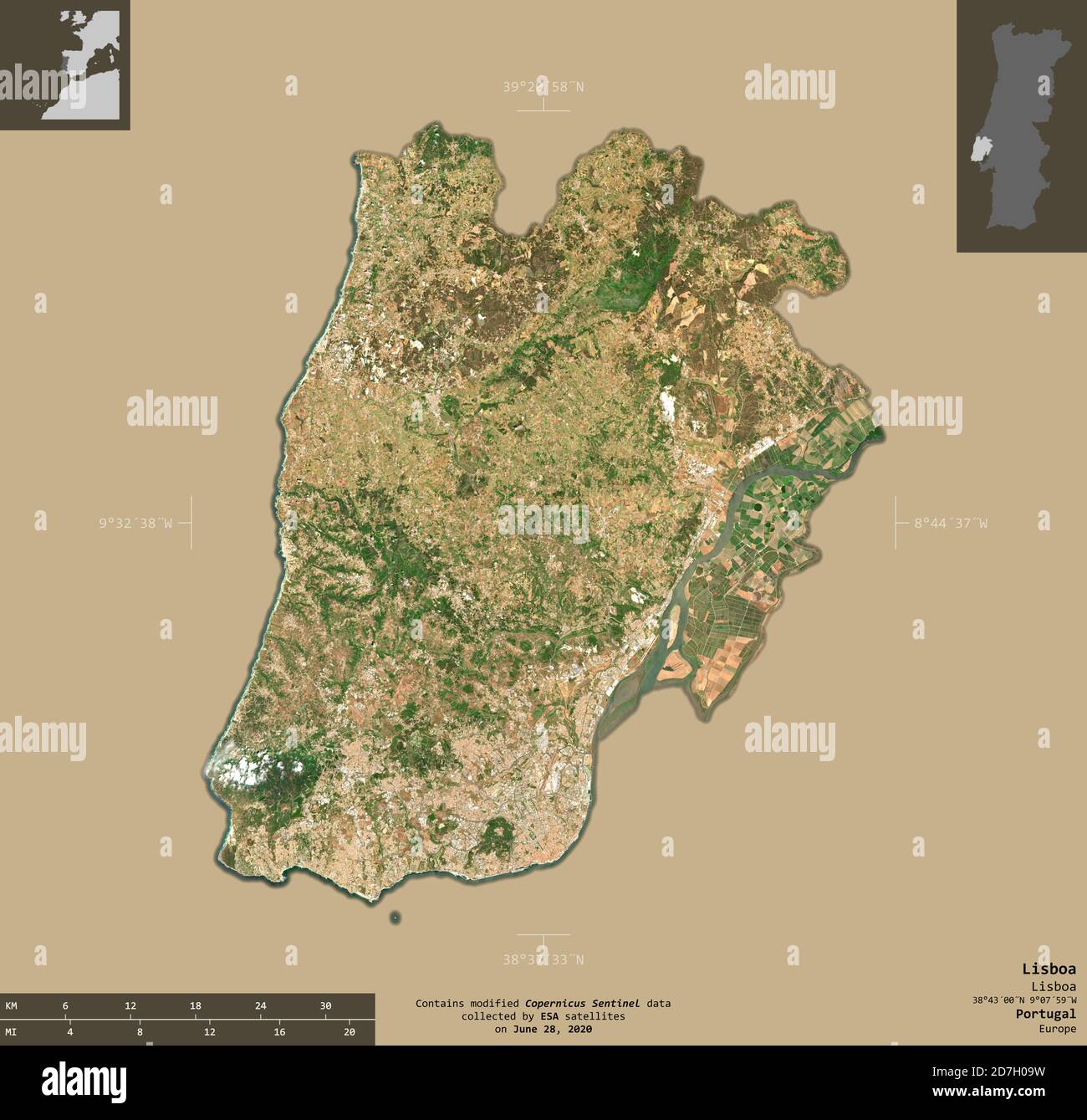 Lisboa, district of Portugal. Sentinel-2 satellite imagery. Shape ...