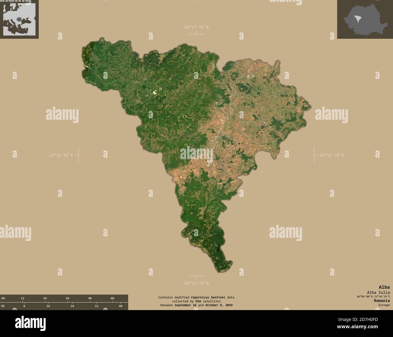 Alba, county of Romania. Sentinel-2 satellite imagery. Shape isolated ...