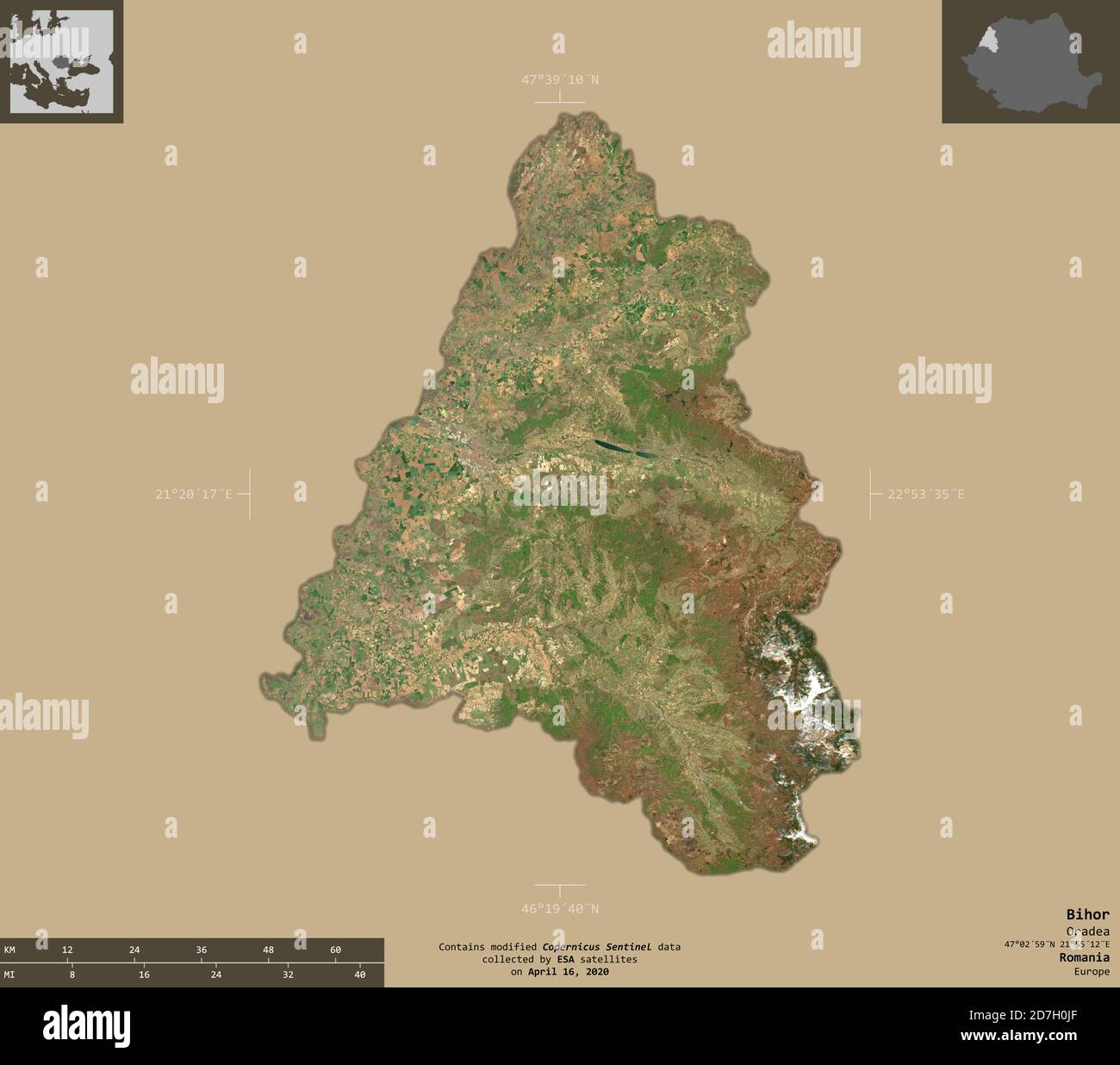 Bihor, county of Romania. Sentinel-2 satellite imagery. Shape isolated ...