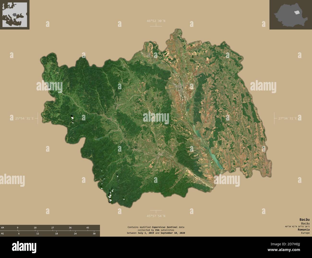 Bacau, county of Romania. Sentinel-2 satellite imagery. Shape isolated ...