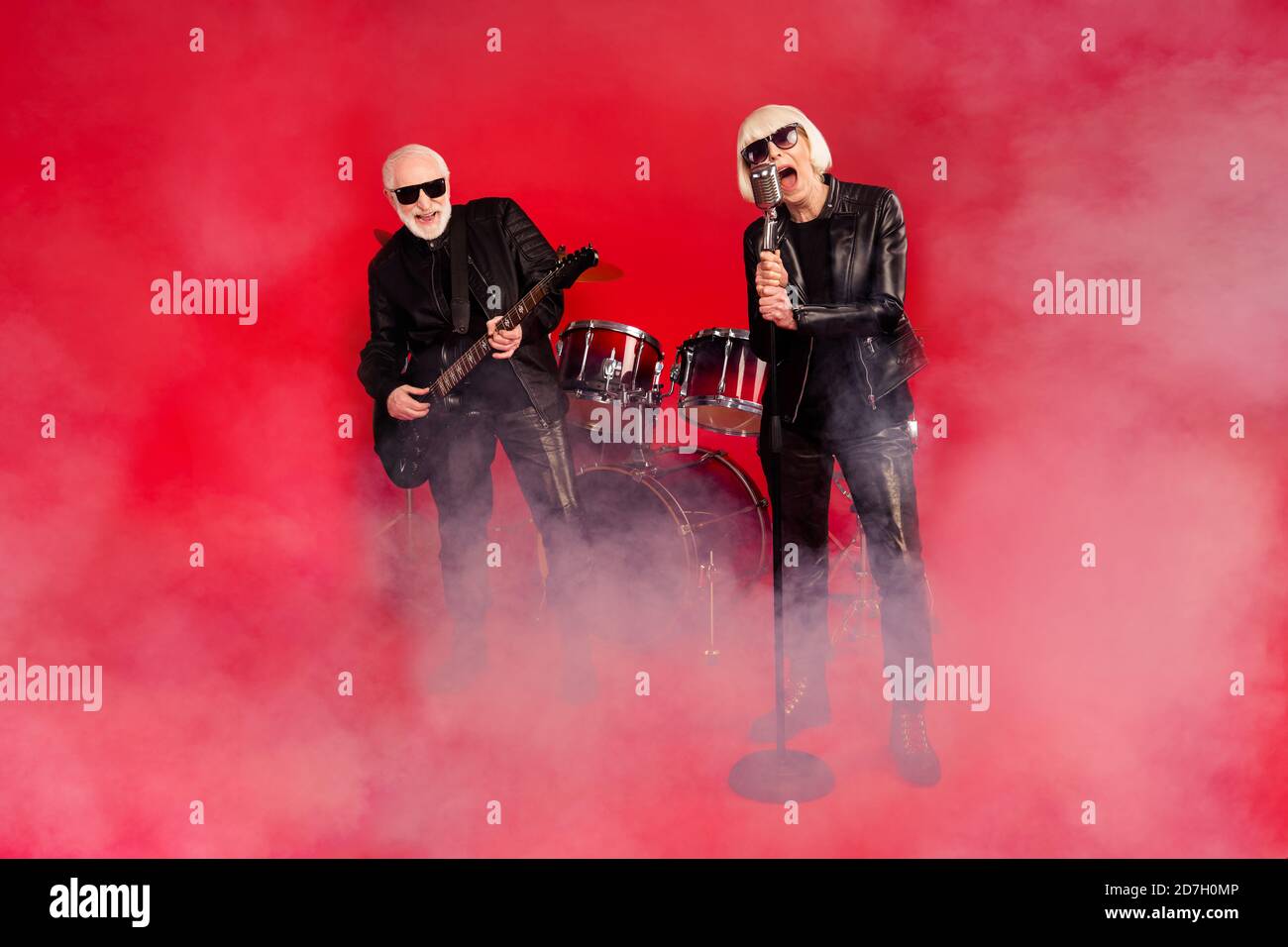 Full size photo of funky two people rock band group retired white grey ...