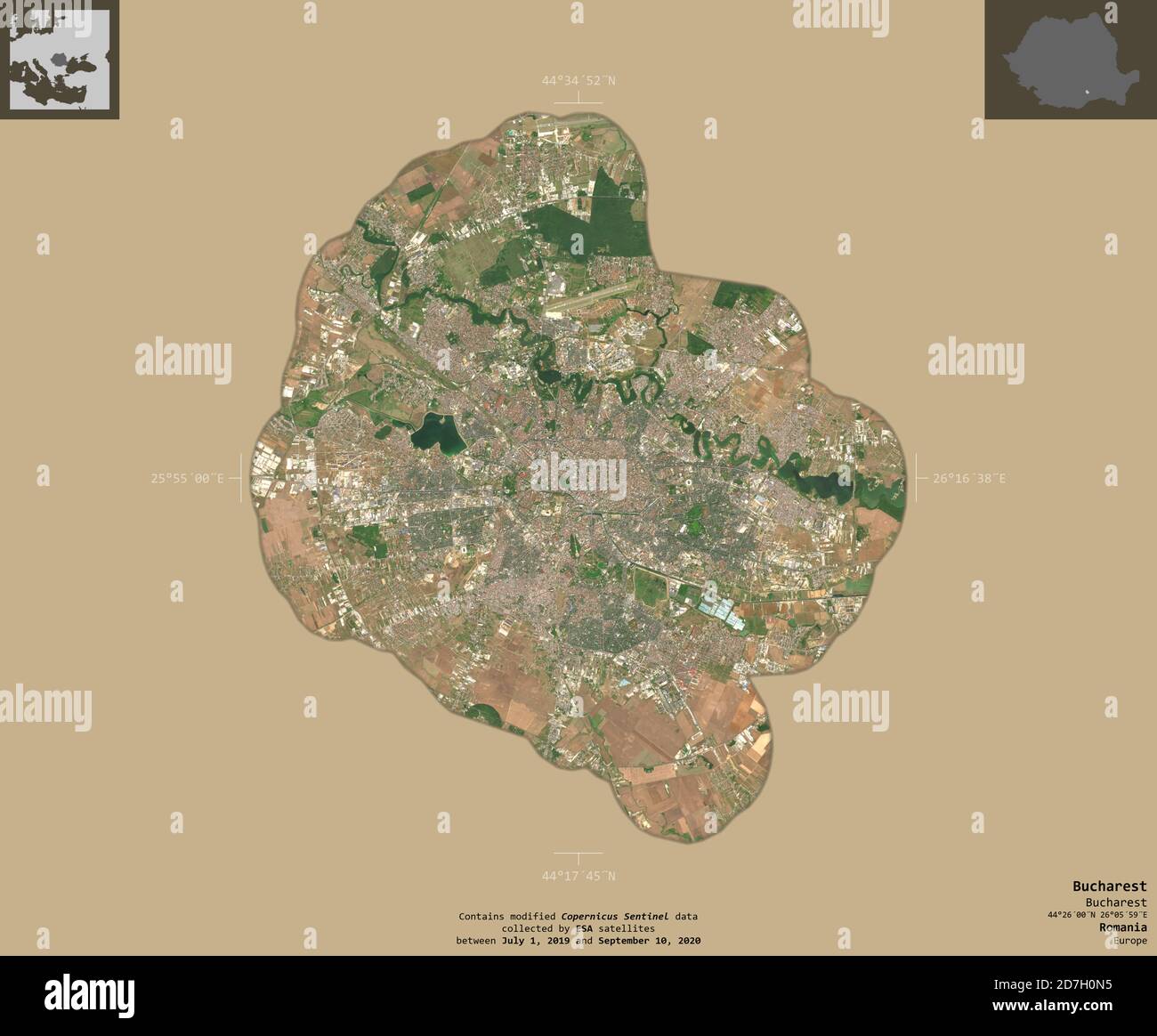 Bucharest, municipality of Romania. Sentinel-2 satellite imagery. Shape ...