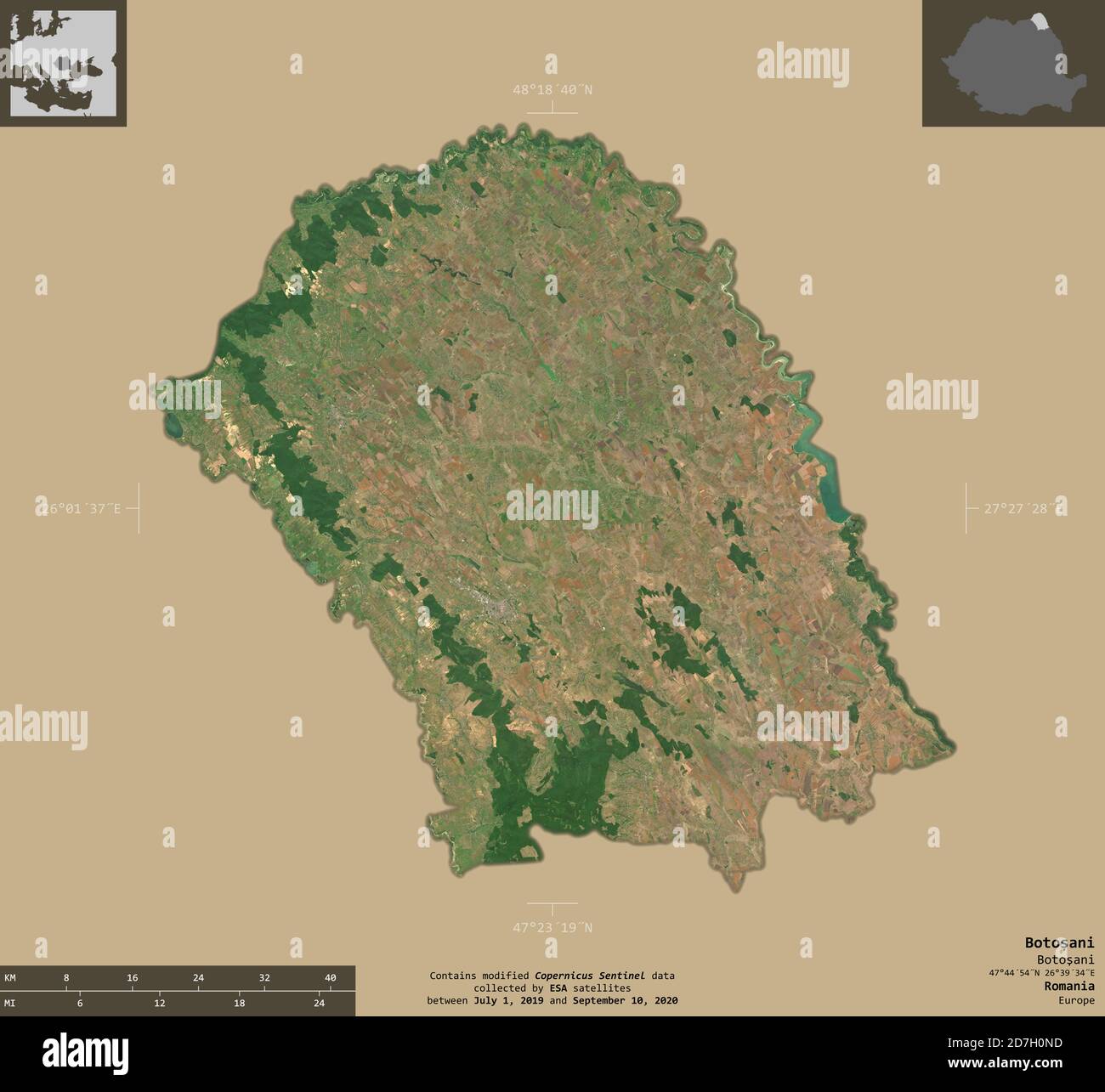 Botosani, county of Romania. Sentinel-2 satellite imagery. Shape ...