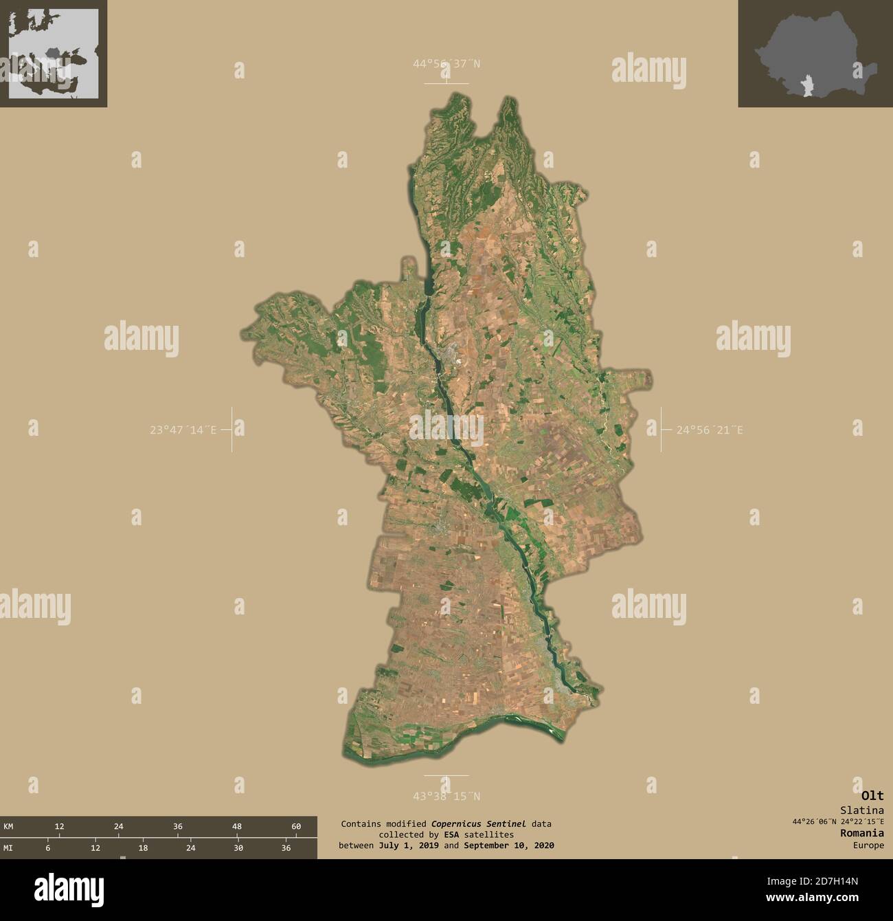 Olt, county of Romania. Sentinel-2 satellite imagery. Shape isolated on ...