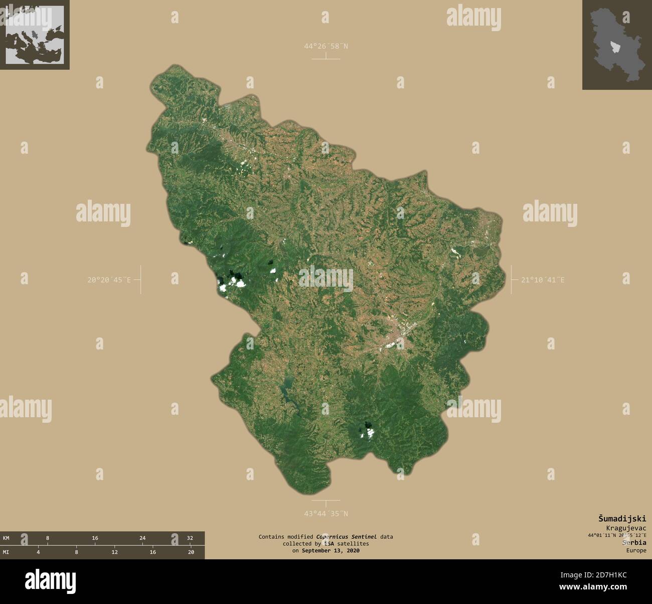Sumadijski, district of Serbia. Sentinel-2 satellite imagery. Shape ...