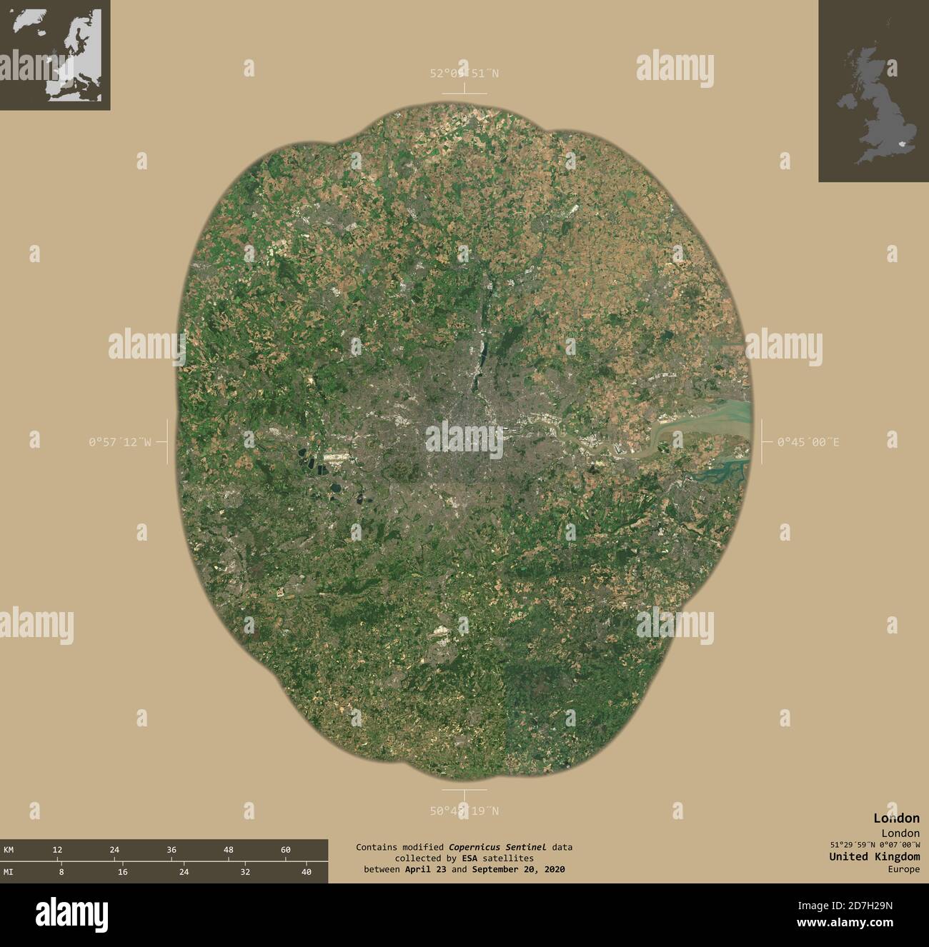 London, region of United Kingdom. Sentinel-2 satellite imagery. Shape ...