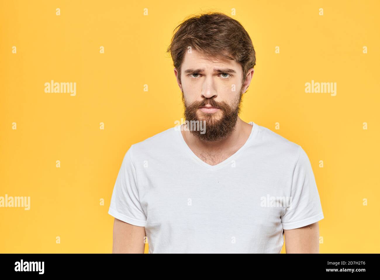 Bearded man emotions gestures with hands facial expression white t ...