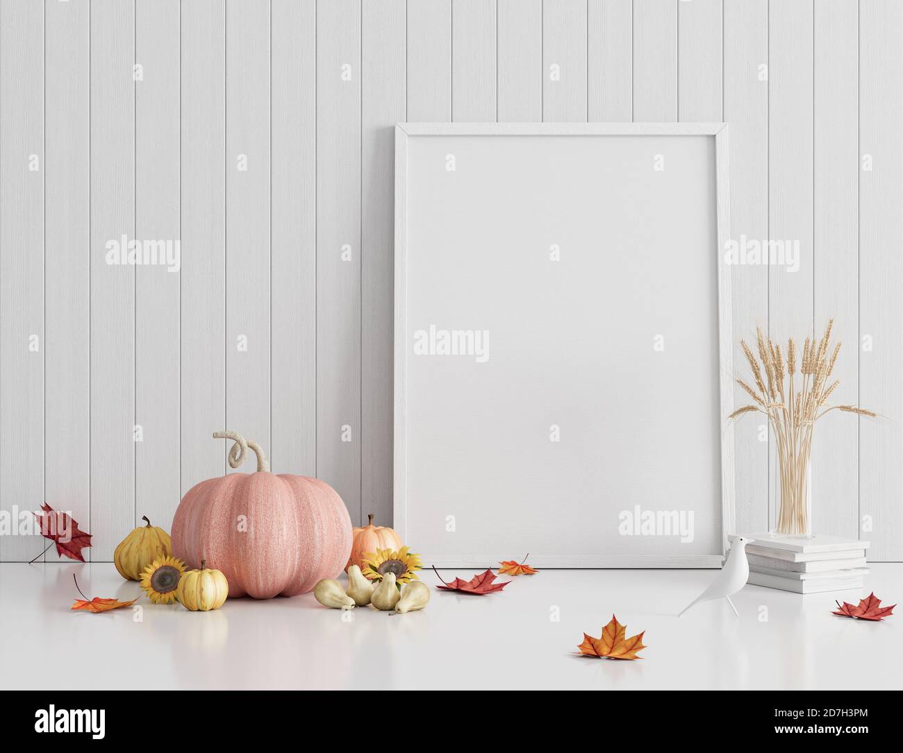 Mock up interior design with frame on white wooden plank wall. Autumn ...