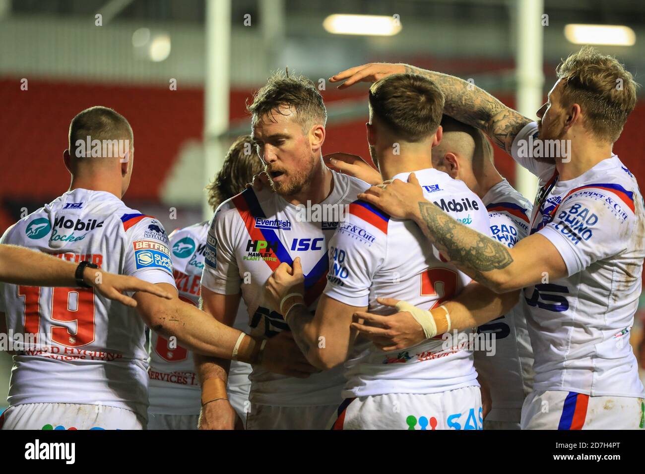 Matty Ashurst (11) of Wakefield Trinity celebrates his try Stock Photo ...