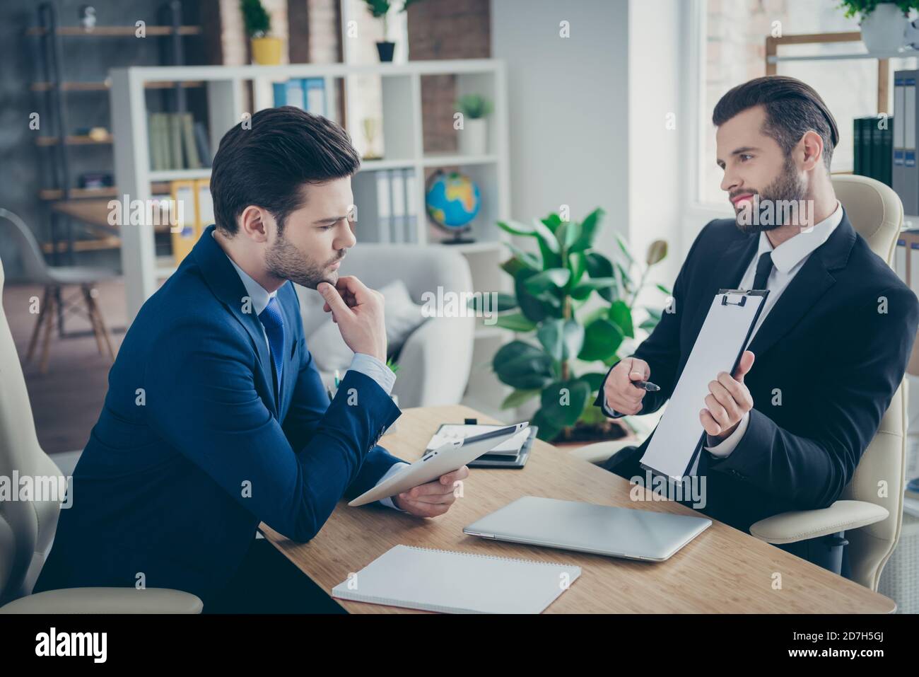 Portrait of two nice attractive handsome classy imposing trendy men ...
