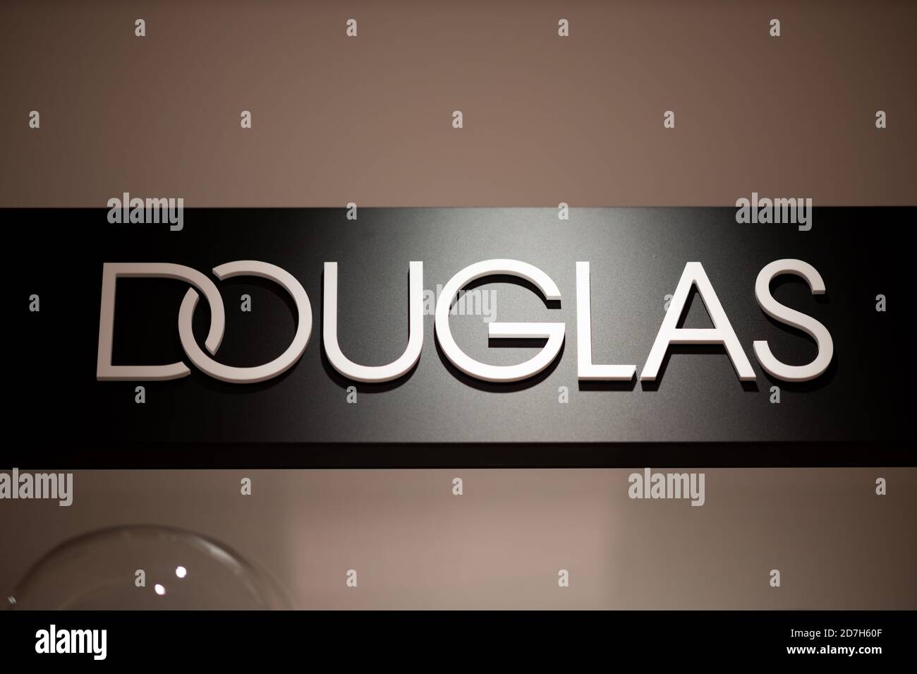 22 October 2020, Hamburg: The Douglas logo, taken at a Douglas store on ...