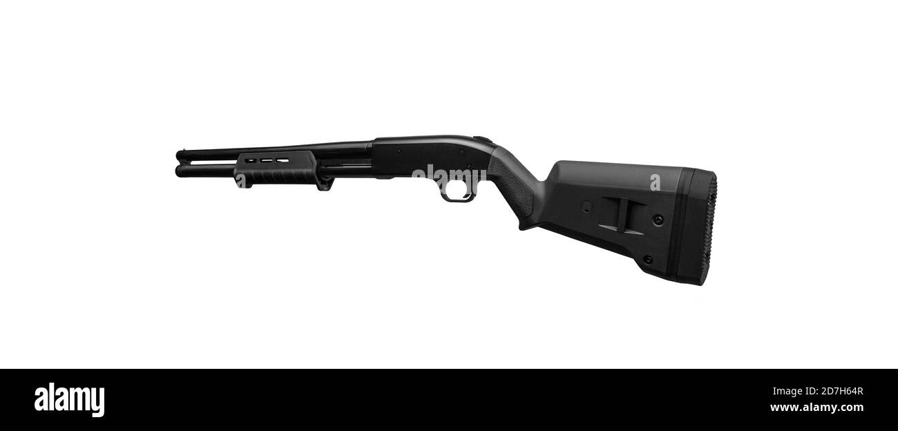 Modern pump action shotgun isolate on a white background. Weapons for ...