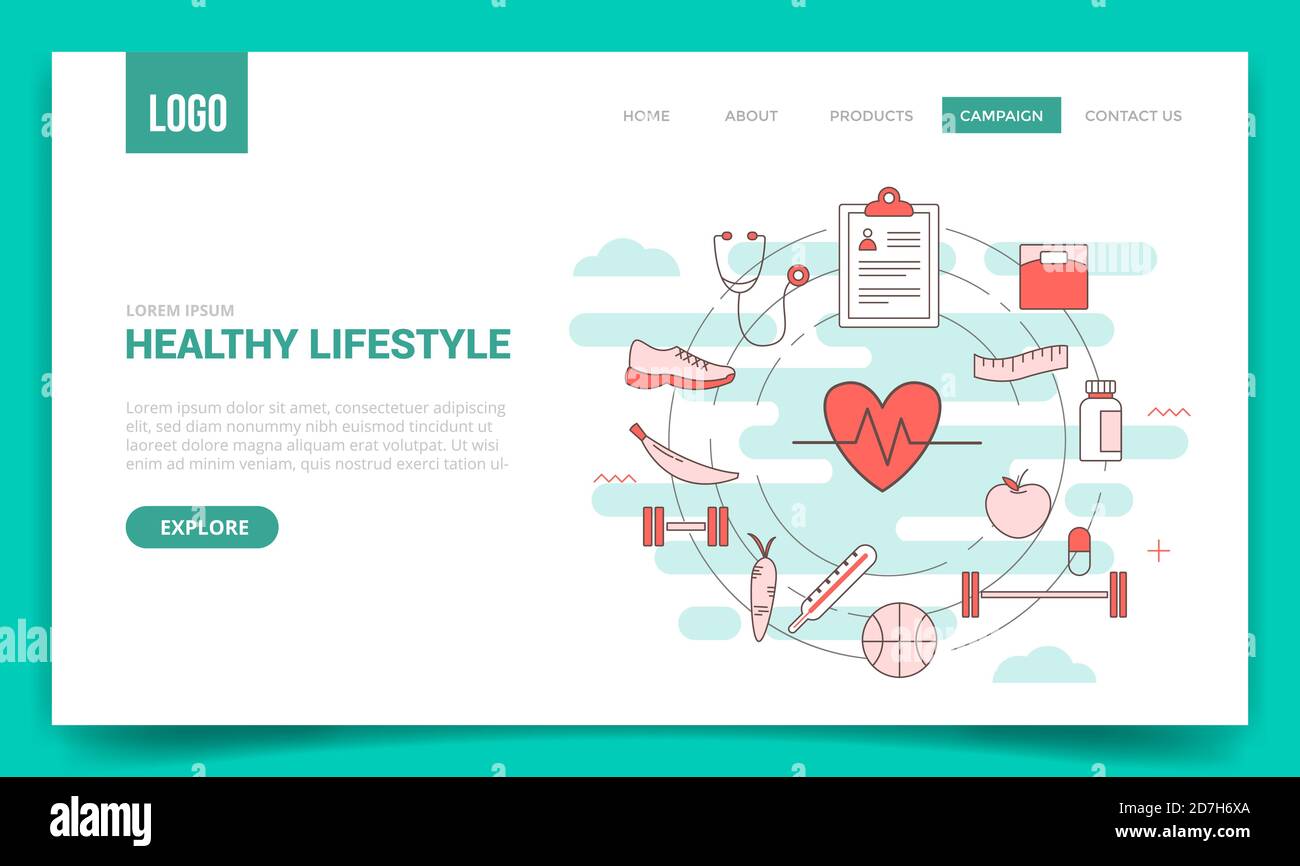 healthy lifestyle concept with circle icon for website template or ...