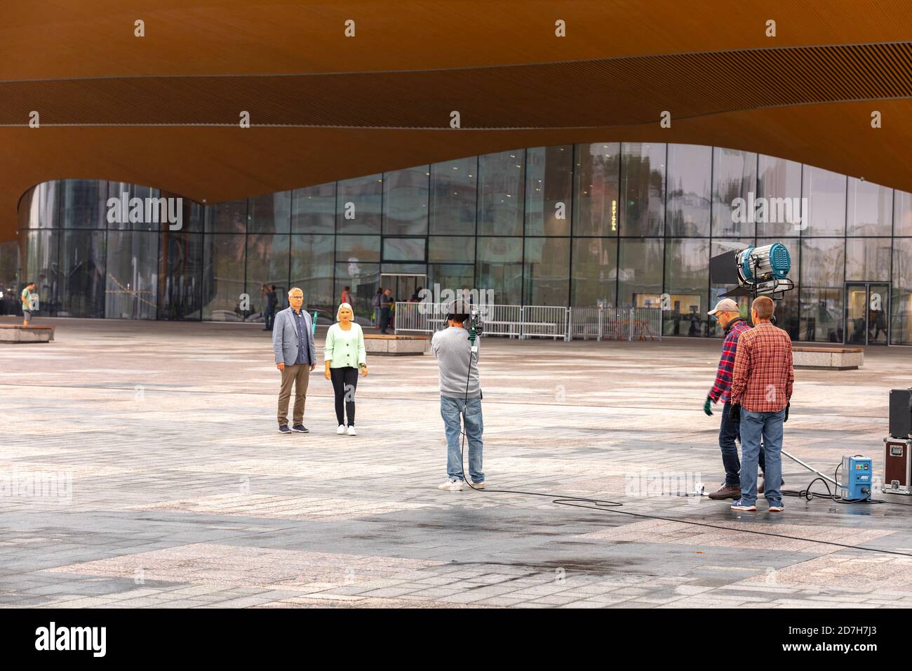 Behind the scene of a tv Interview in front of Oodi library in Helsinki ...