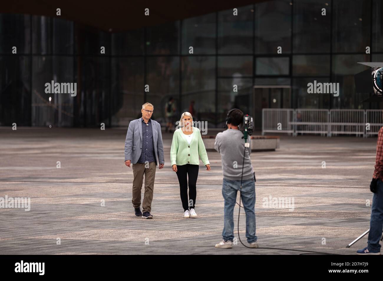 Behind the scene of a tv Interview in front of Oodi library in Helsinki ...