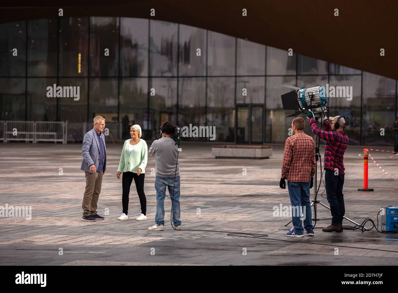 Behind the scene of a tv Interview in front of Oodi library in Helsinki ...