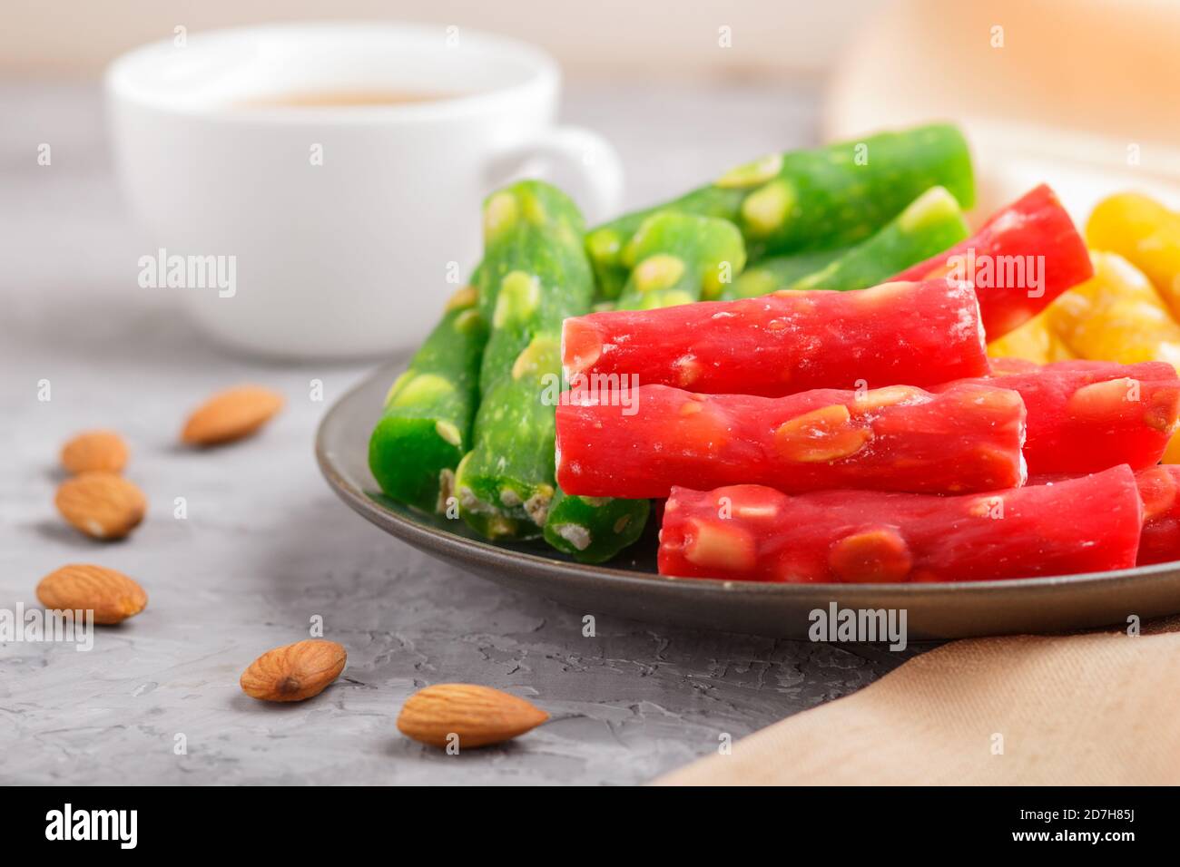 Set of various traditional turkish delight (rahat lokum) in blue ...