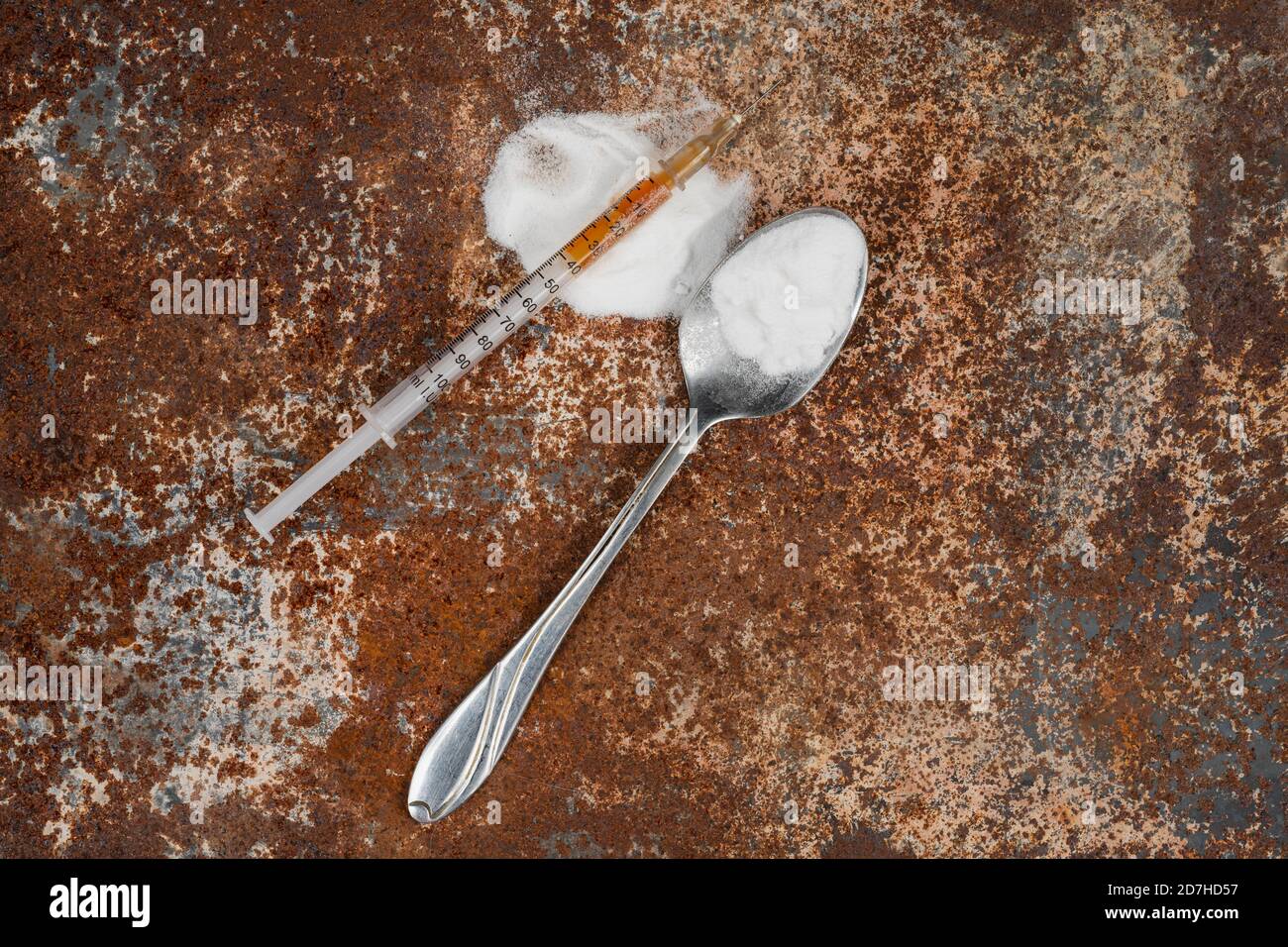 Syringe and drugs on dirty rusty background. Injection syringe ...