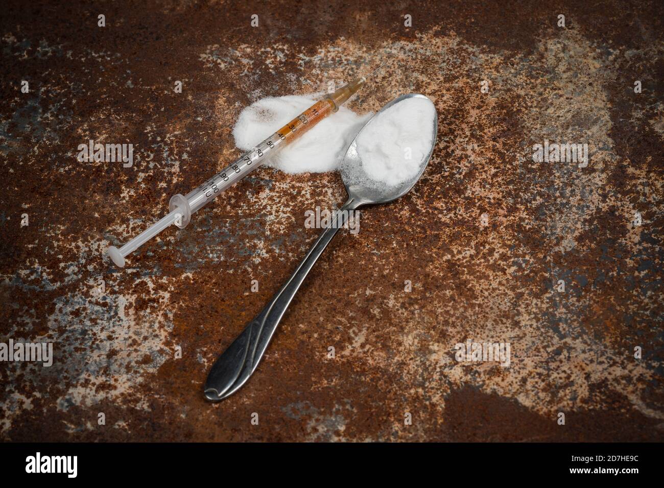 Syringe and drugs on dirty rusty background. Injection syringe ...