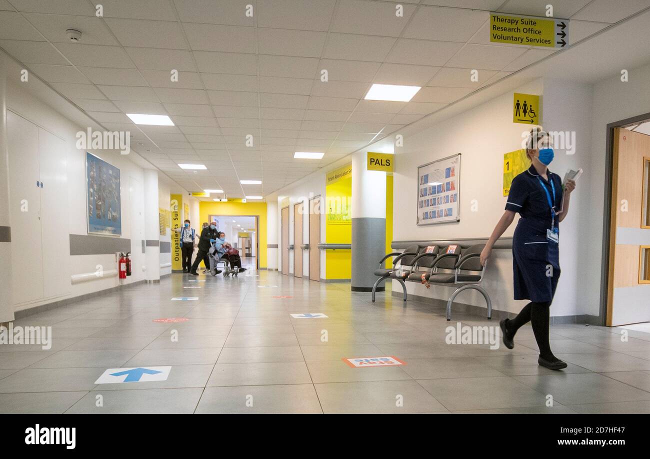 Direction markers on the floor of Whiston Hospital in Merseyside as ...