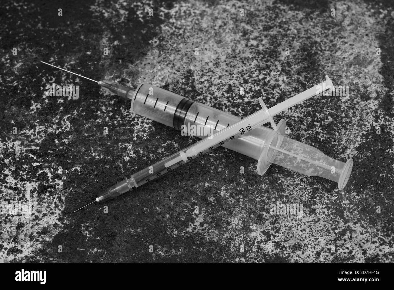 Syringe and drugs on dirty rusty background. Injection syringe ...
