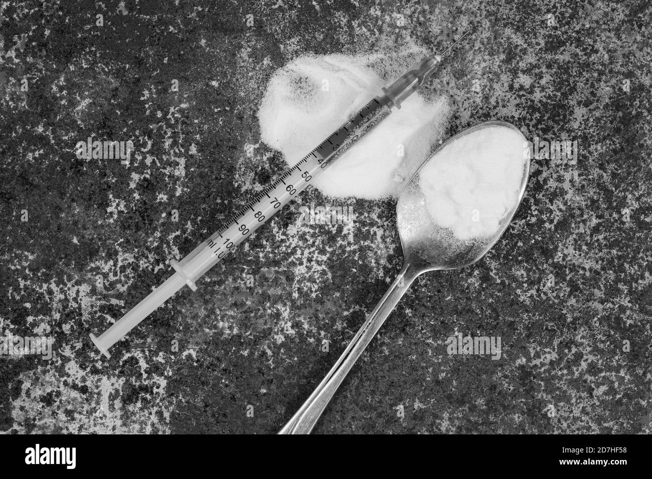 Syringe and drugs on dirty rusty background. Injection syringe ...