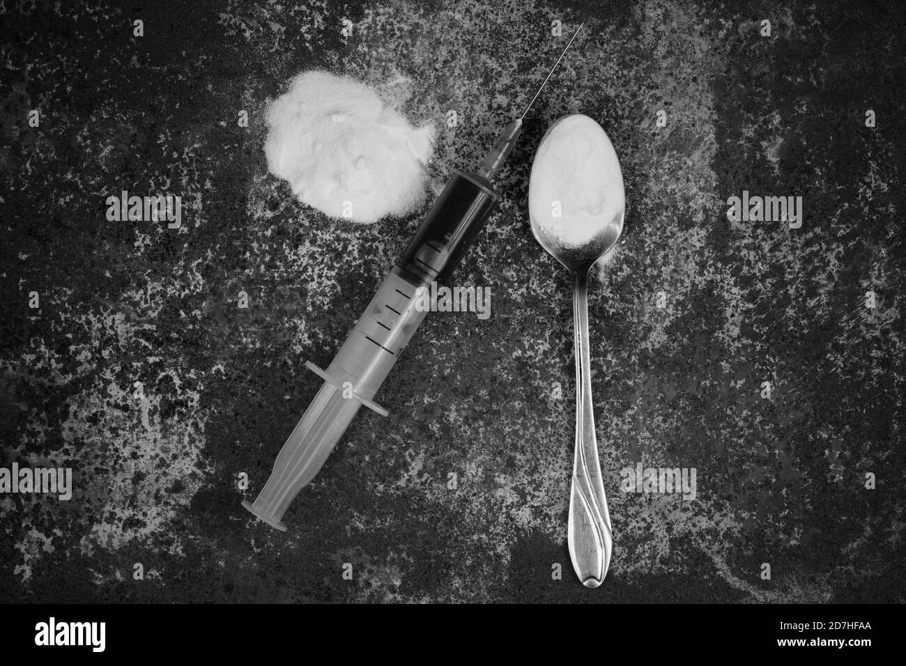 Syringe and drugs on dirty rusty background. Injection syringe ...