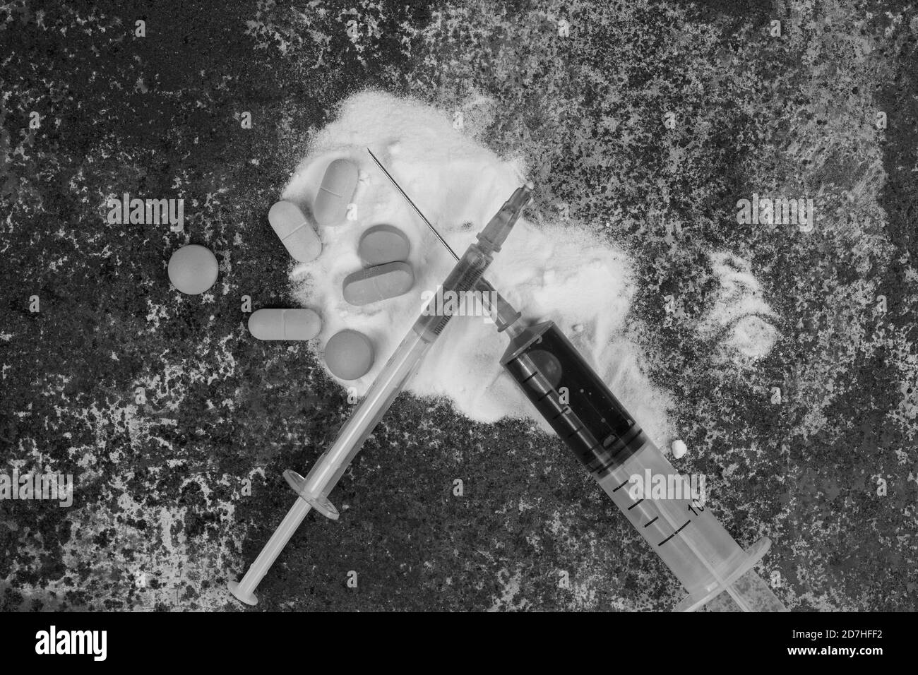Syringe and drugs on dirty rusty background. Injection syringe ...