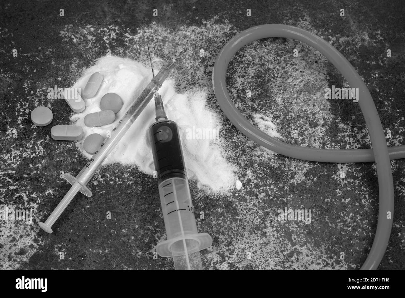 Syringe and drugs on dirty rusty background. Injection syringe ...