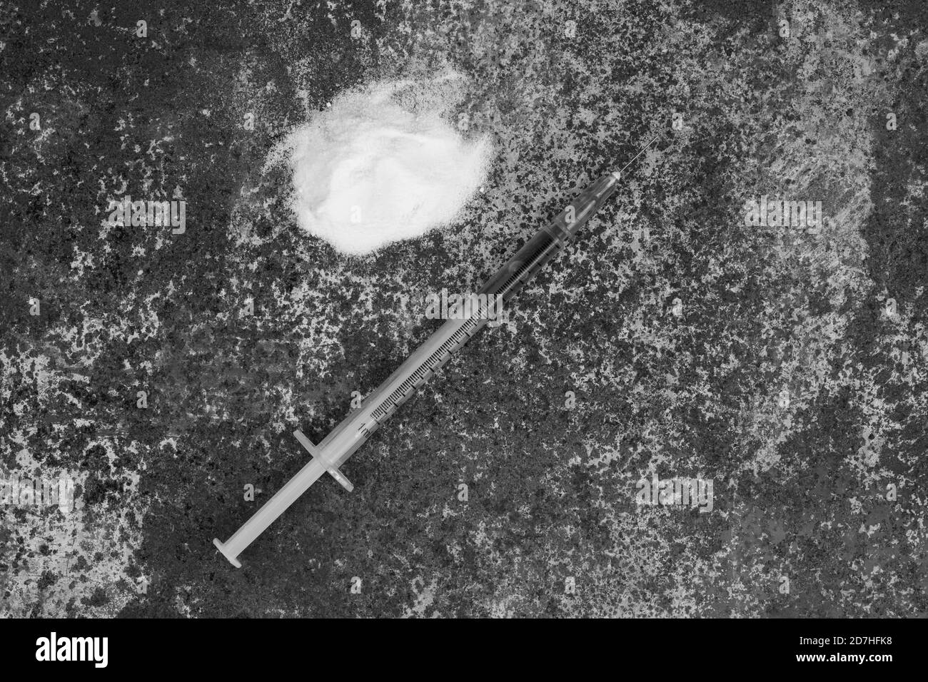 Syringe and drugs on dirty rusty background. Injection syringe ...