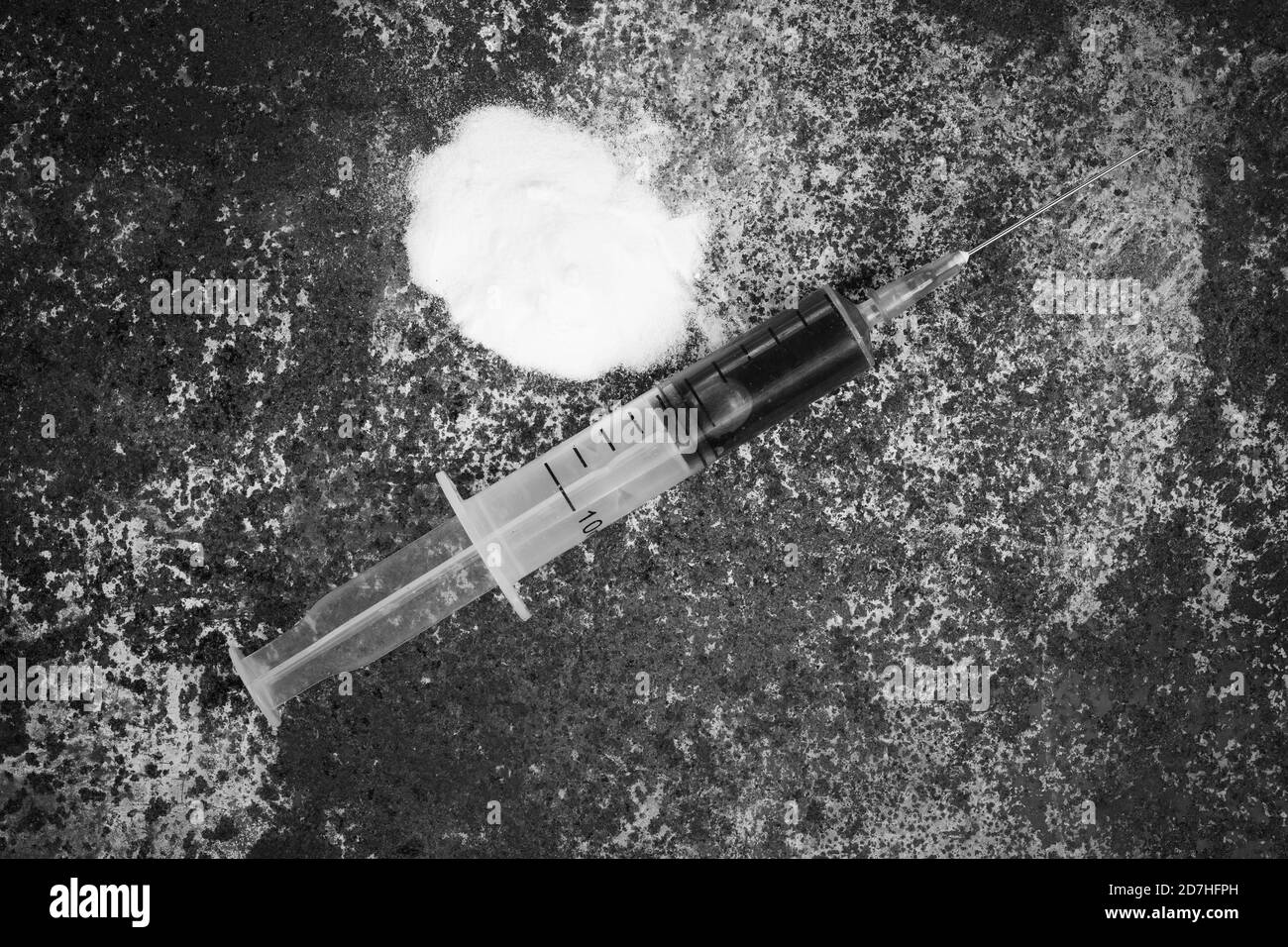 Syringe and drugs on dirty rusty background. Injection syringe ...