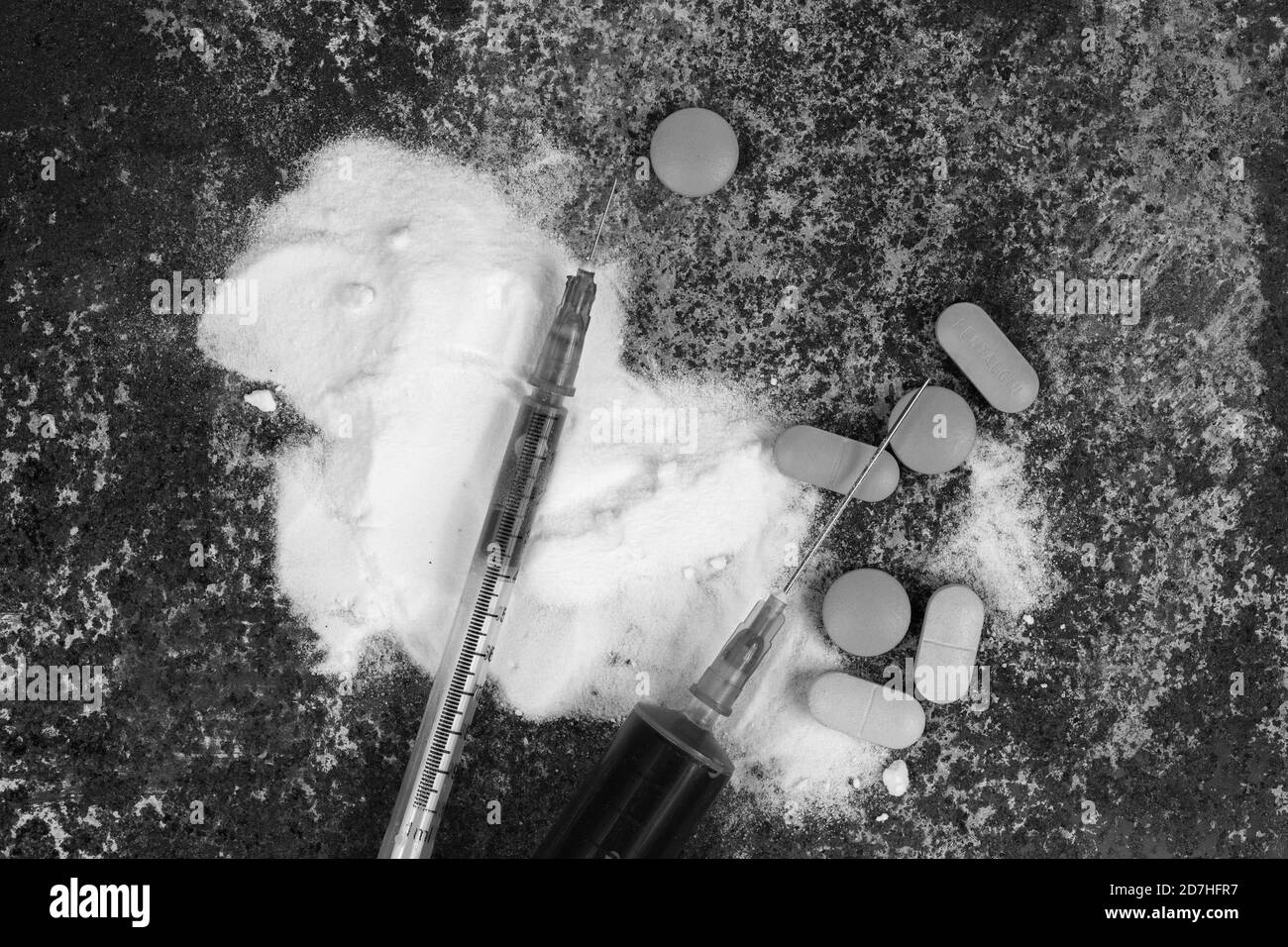 Syringe and drugs on dirty rusty background. Injection syringe ...