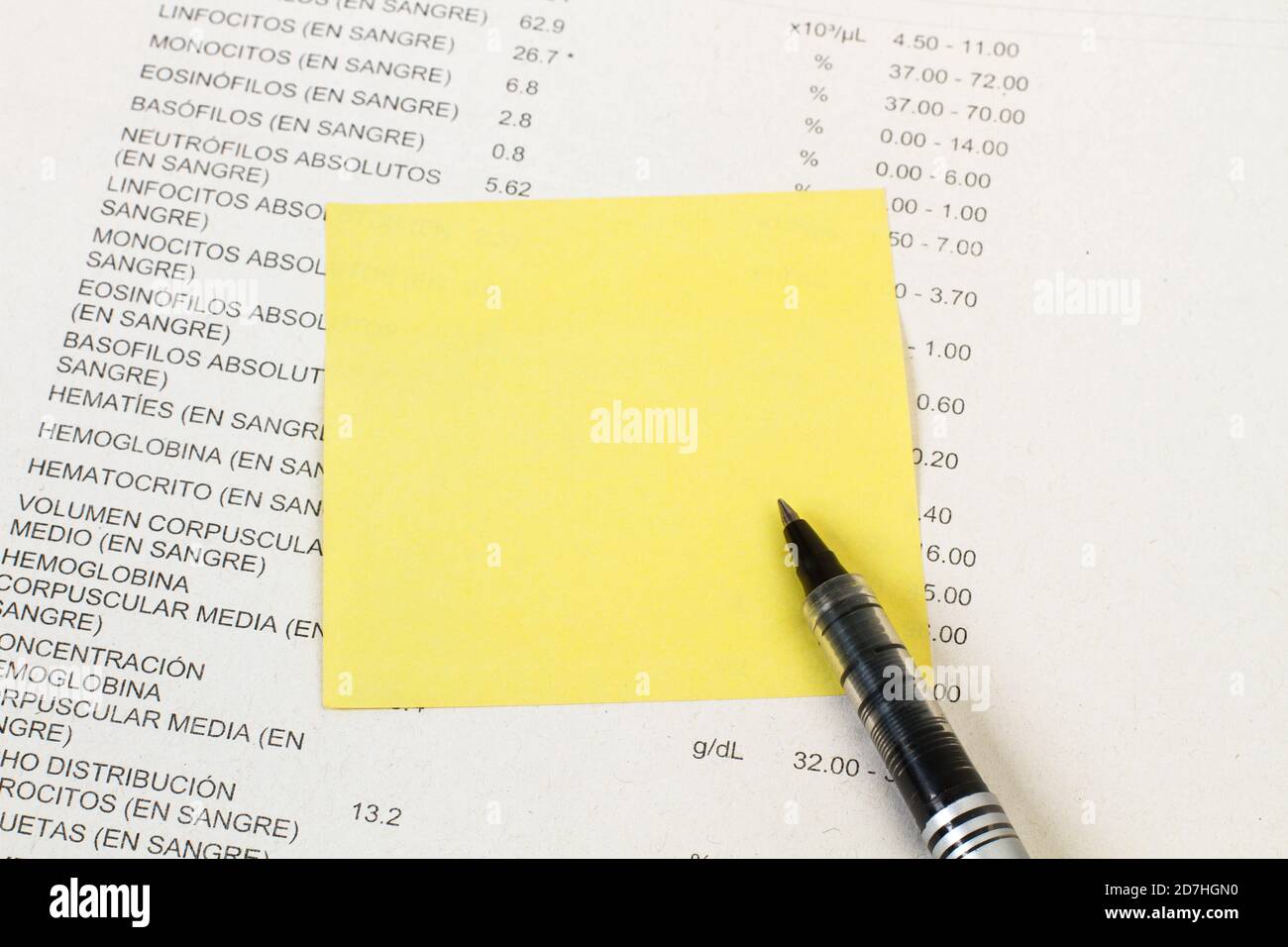 Medical test check printed in a white sheet and with a pen and a ...