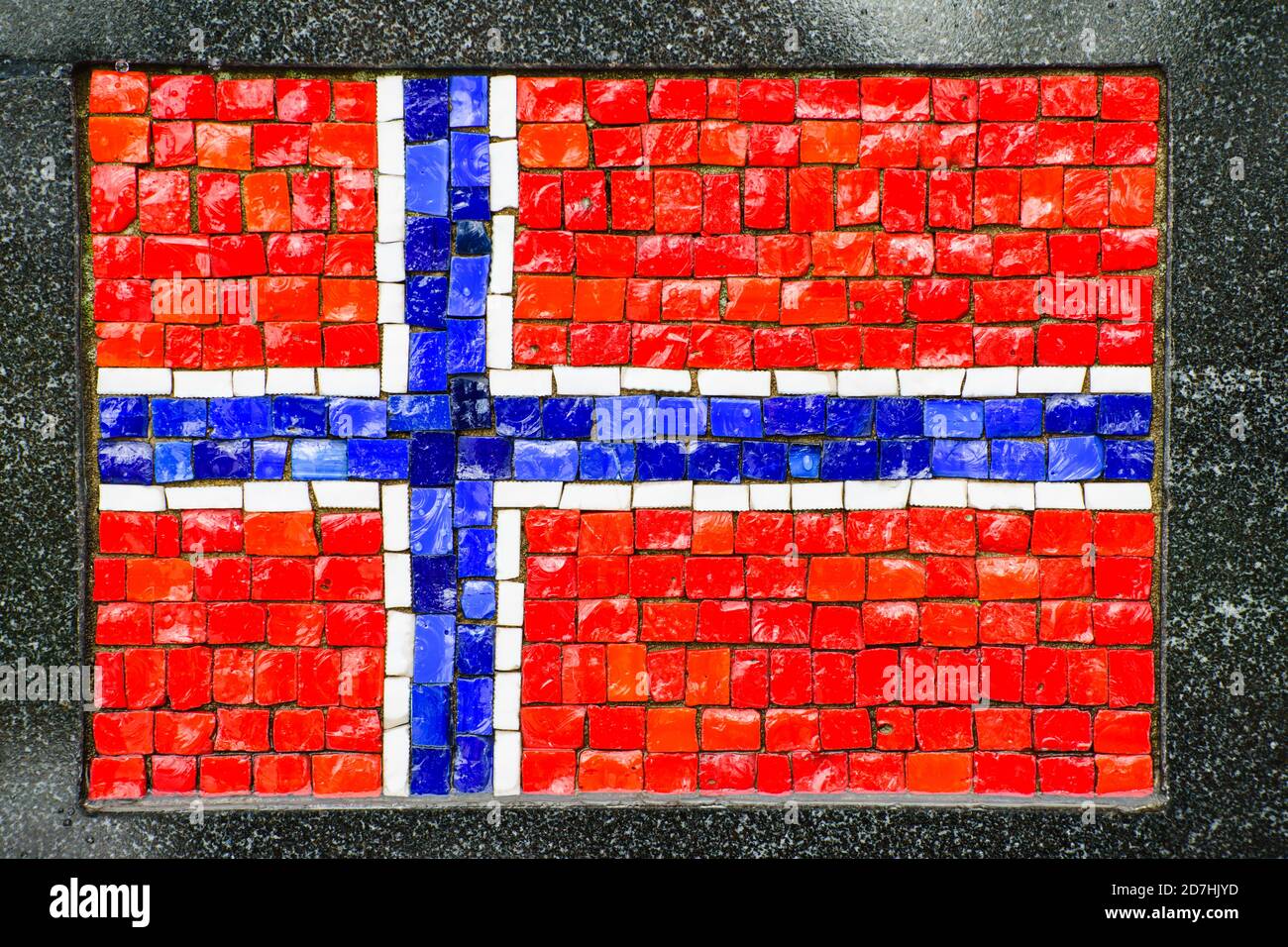 Norwegian flag made of little mosaic tiles on grey textured background ...