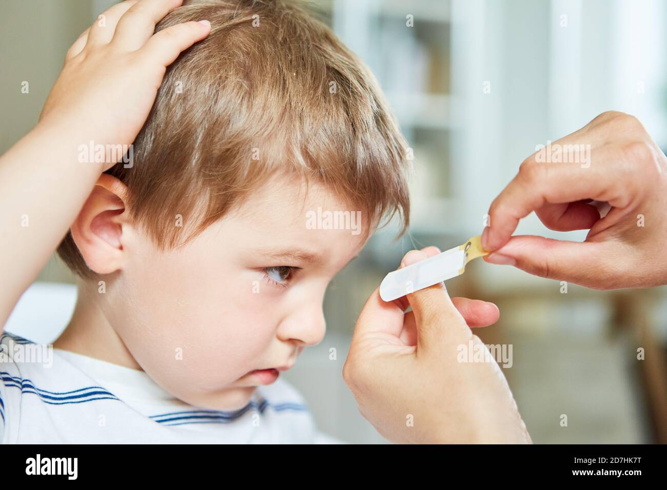 Pediatrician using plaster to treat a bump on the forehead of a child ...