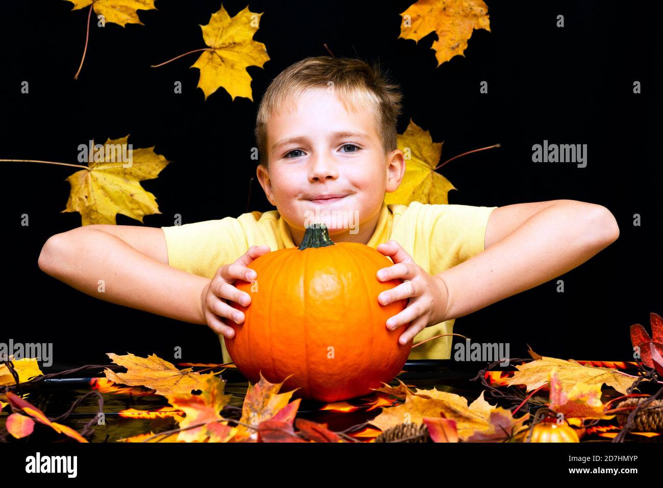 young boy child kid holding natural organic pumpkin in hands on a dark ...