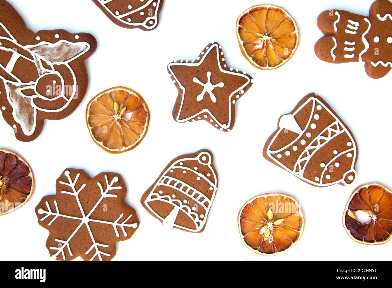 Tasty homemade Christmas gingerbread cookie of various shapes with ...
