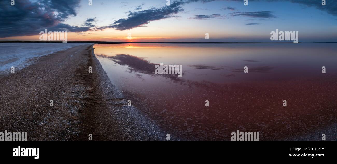 Sunset on the Genichesk pink extremely salty lake (colored by ...