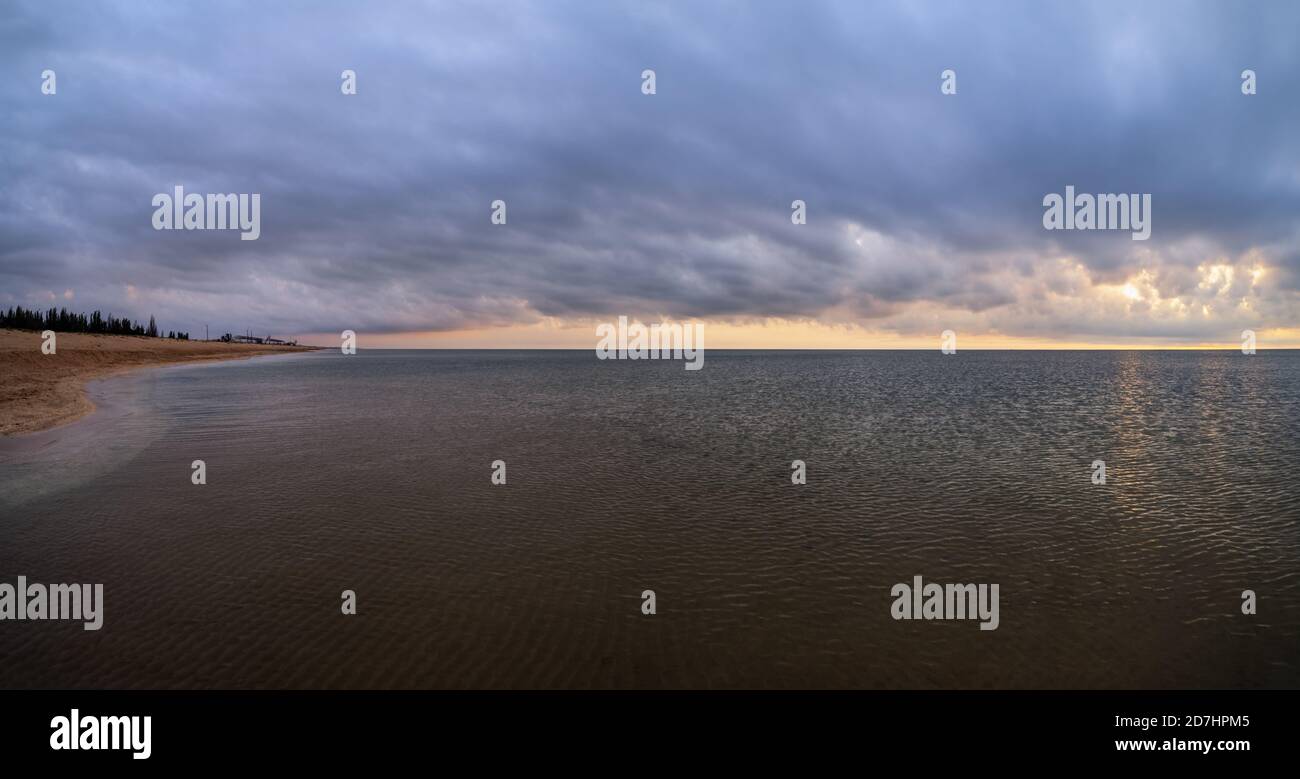 Colorful sea beach sunrise landscape (Strilkove village, Arabat Spit ...