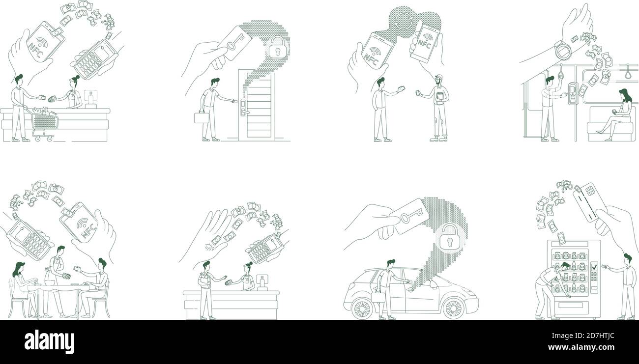 Contactless payments and secure systems thin line concept vector illustrations set Stock Vector ...