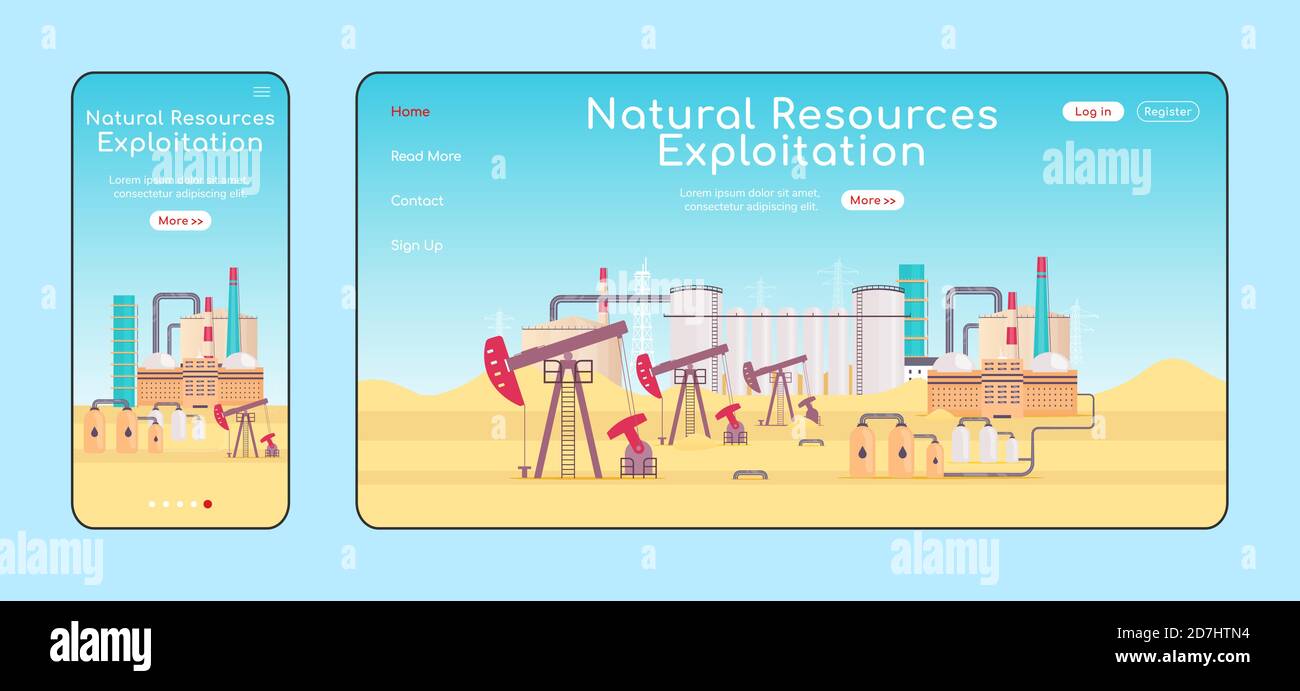 Natural resources exploitation adaptive landing page flat color vector ...
