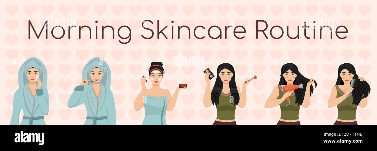 Woman morning skincare routine flat color vector characters set Stock ...
