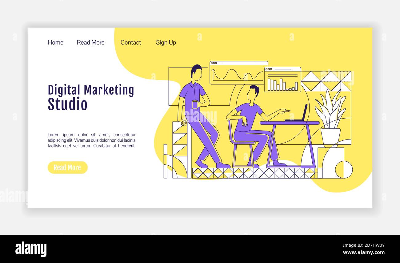 Digital marketing studio landing page flat silhouette vector template ...
